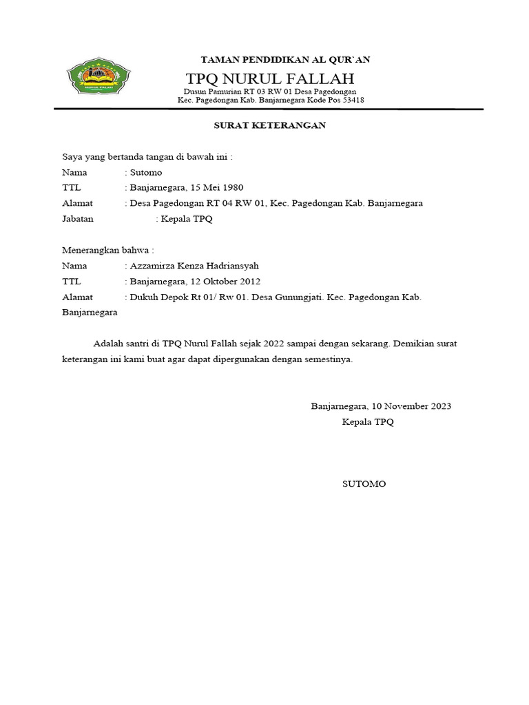 Surat Keterangan Aktif TPQ | PDF