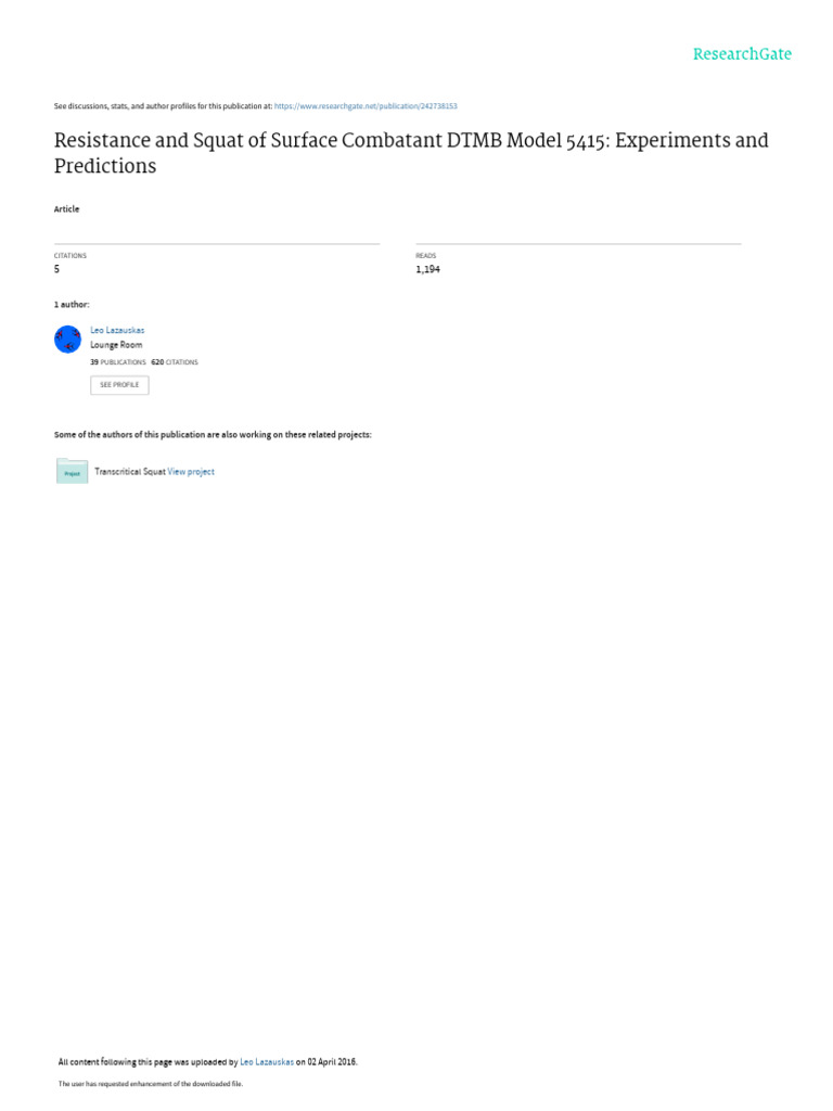 Resistance and Squat of Surface Combatant DTMB Model 5415 Experiments and | PDF | Mechanical ...
