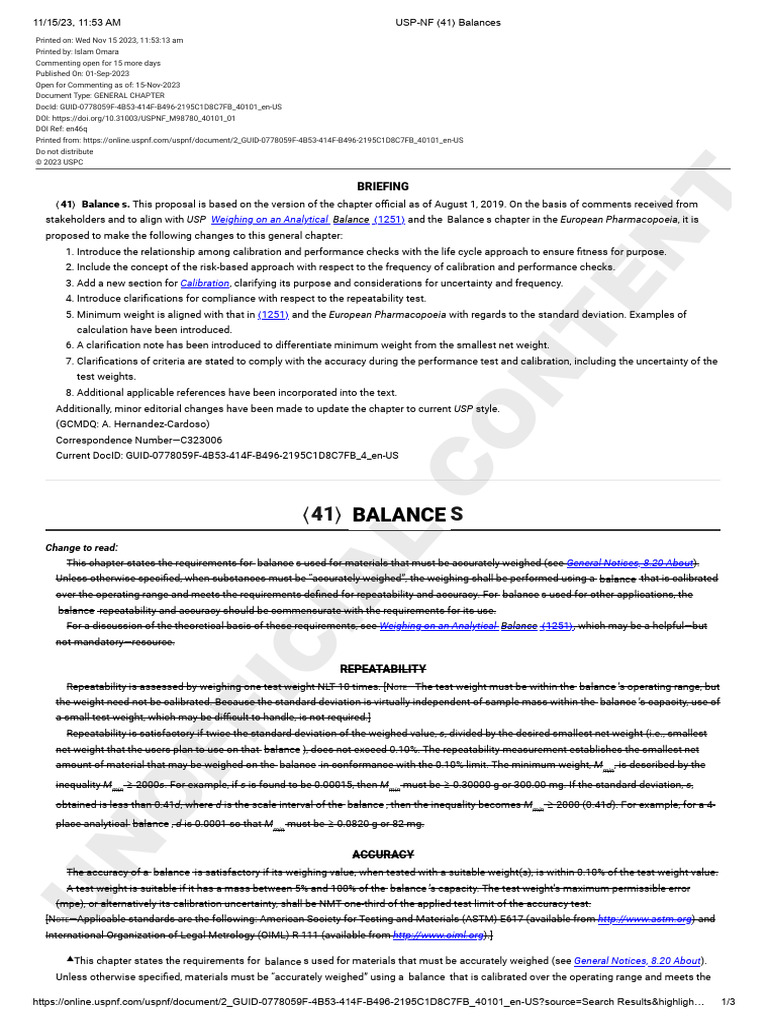 USP-NF 41 Balances | PDF | Weighing Scale | Weight