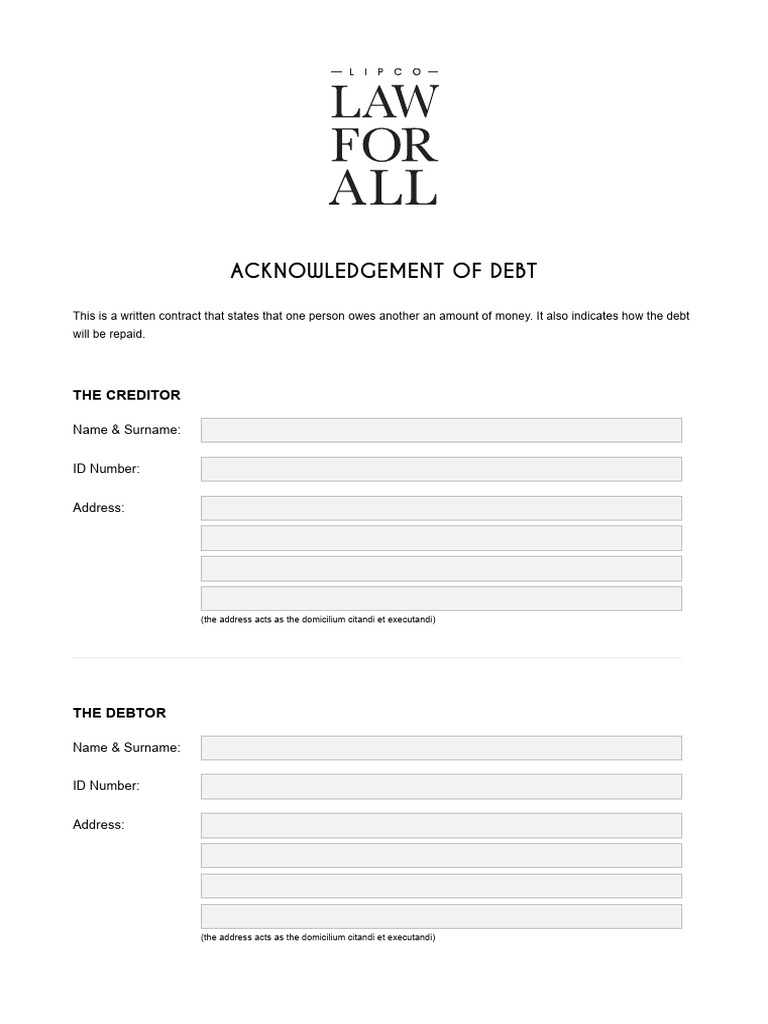 Acknowledgement of Debt Tsholo | PDF | Debt | Debtor