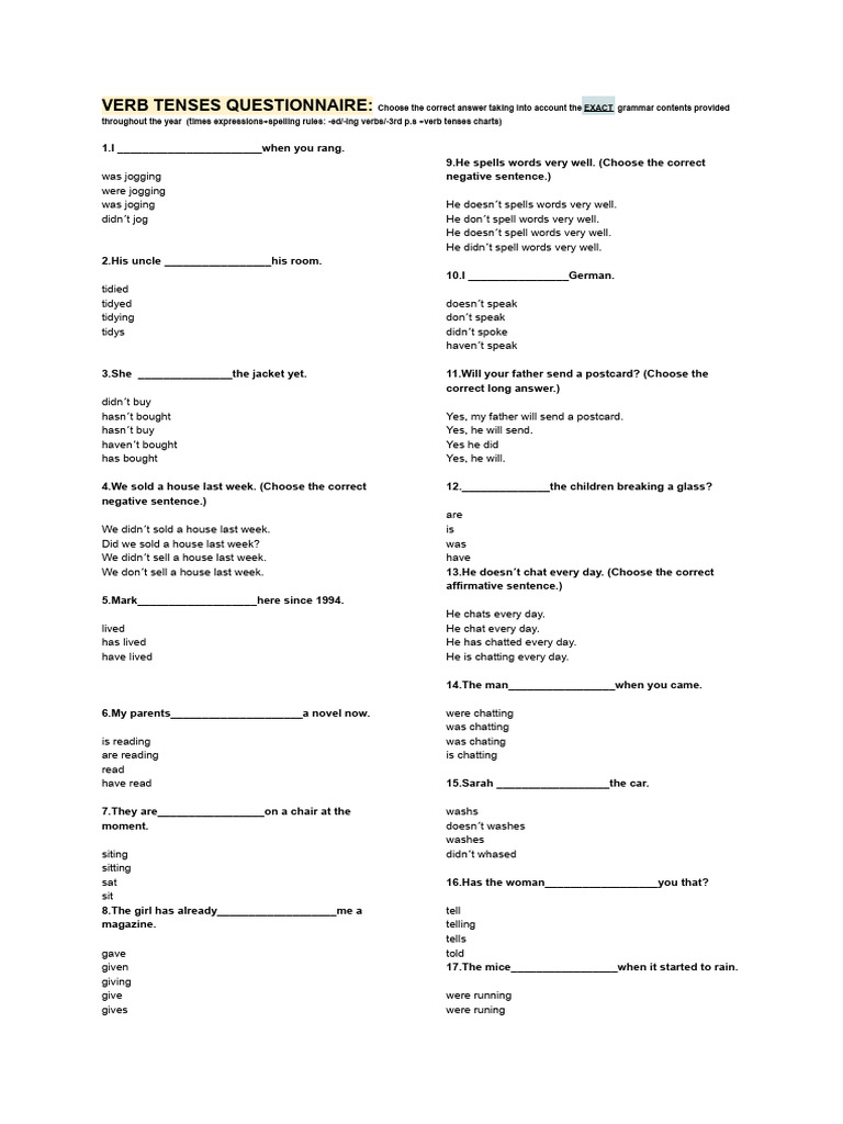 Questionanire Act-Verb Tenses | PDF | Grammatical Tense | Verb