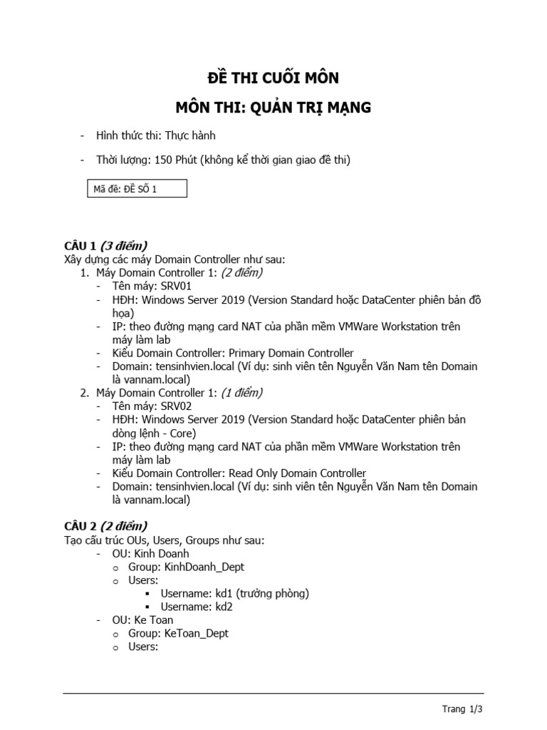 De Thi Cuoi Mon QTM TH - de So 1 | PDF