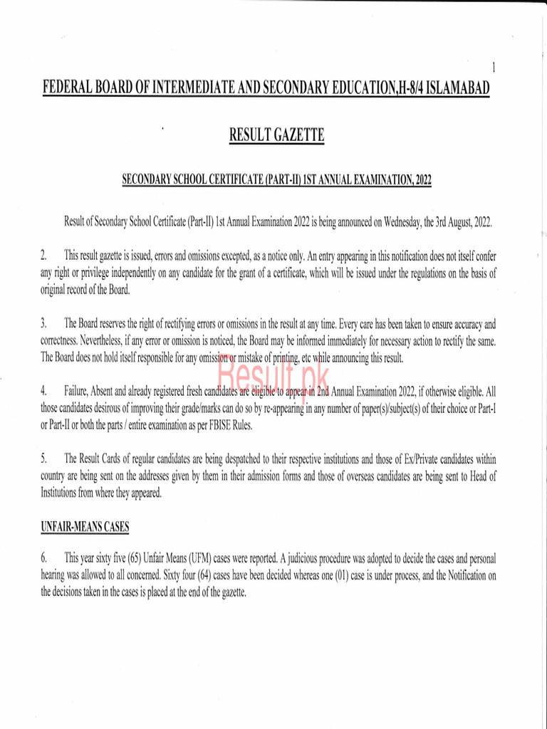 FBISE SSC-II Result Gazette 2022 | PDF | Schools | Educational Institutions
