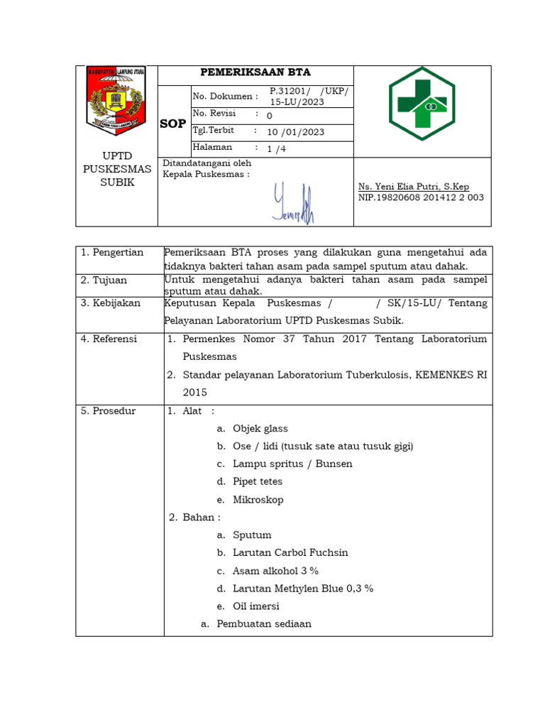 SOP Pemeriksaan BTA di Puskesmas Subik | PDF