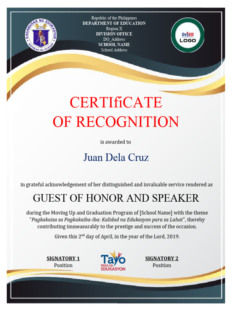 Certificate of Recognition For Guest of Honor and Speaker Template 4 | PDF