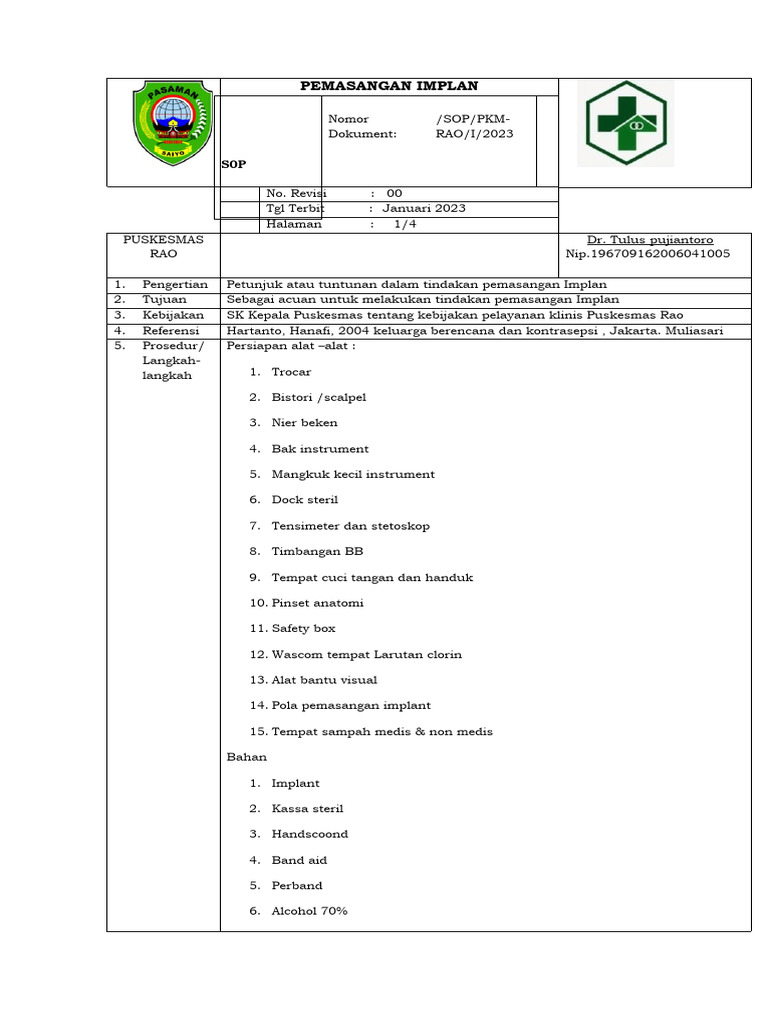 Sop &kak Pemasangan Implan Fix | PDF | Sains & Matematika
