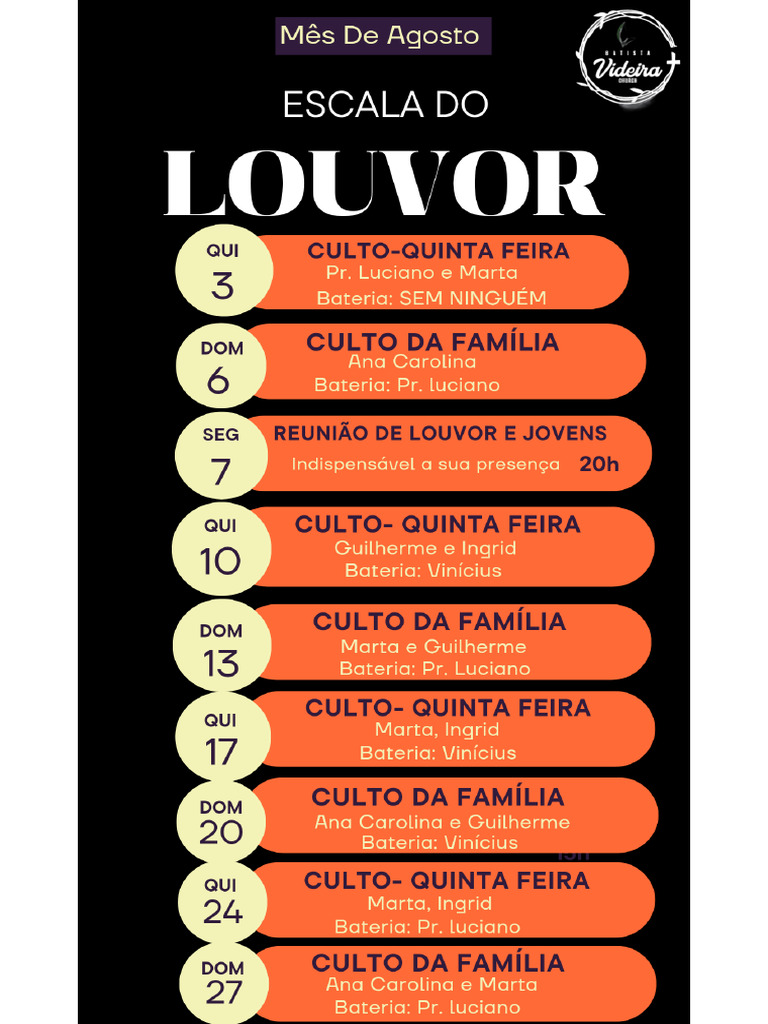 Escala de Louvor Agosto | PDF