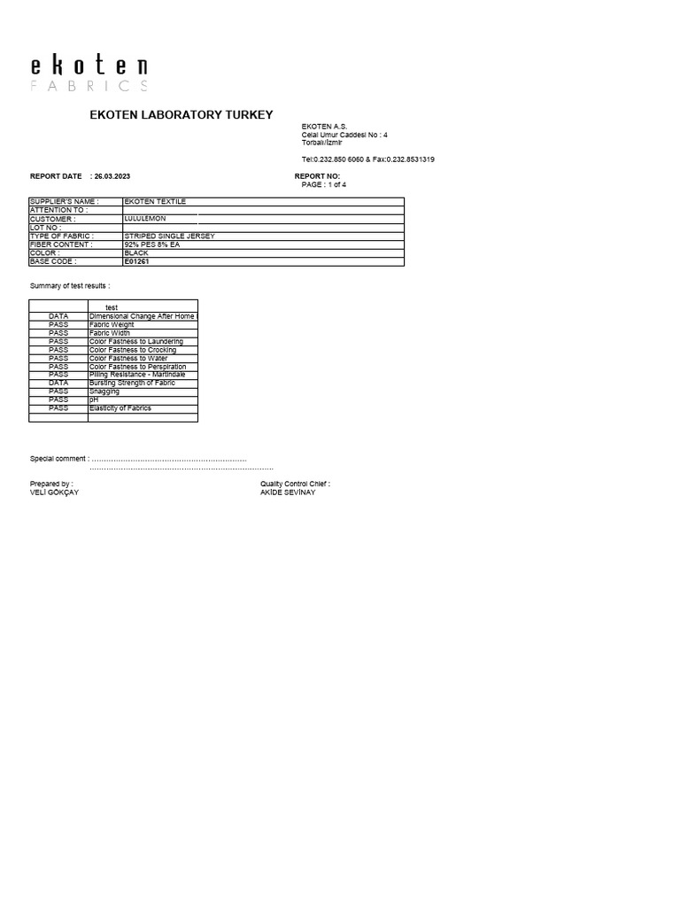 Ekoten Textile Test Report - Lululemon - E01261 | Download Free PDF ...