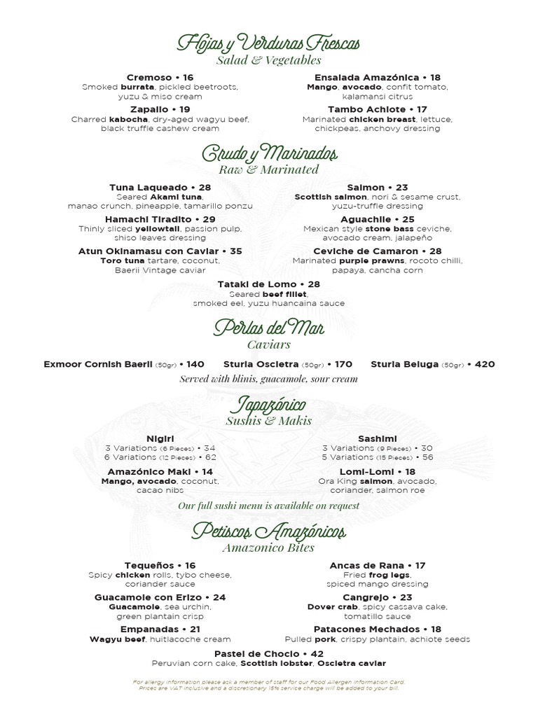 Amazonico London A La Carte Menu | PDF | Sushi | Foods
