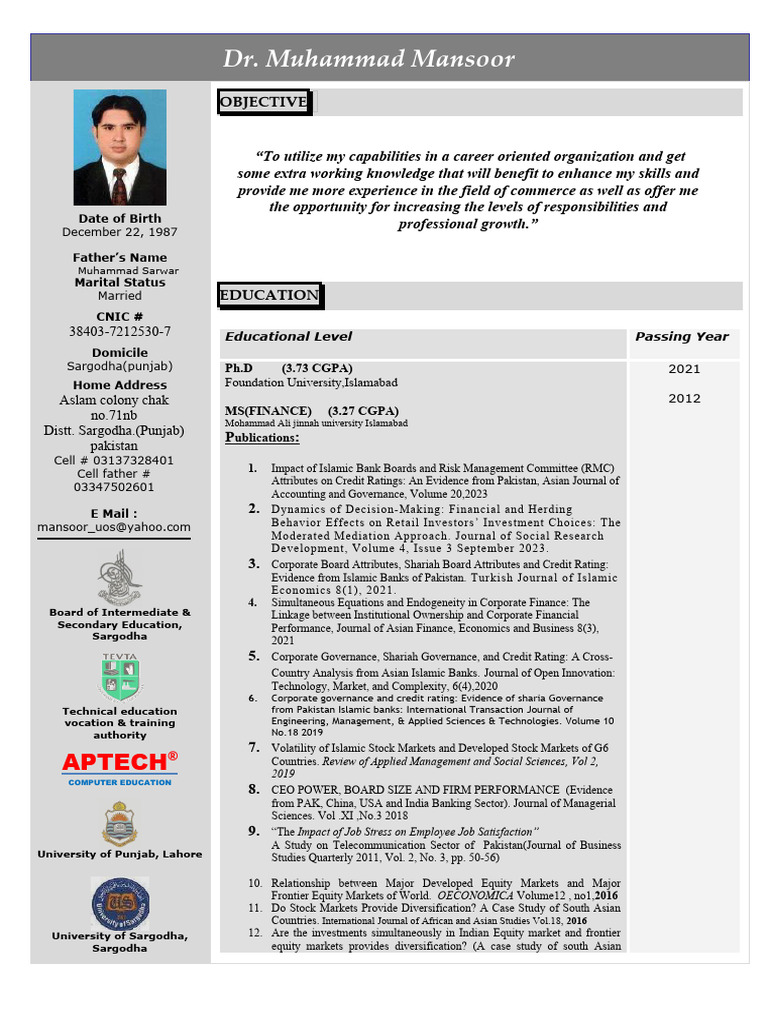 DR - Muhammad Mansoor CV Nov 2023 | PDF | Stock Market | Stocks