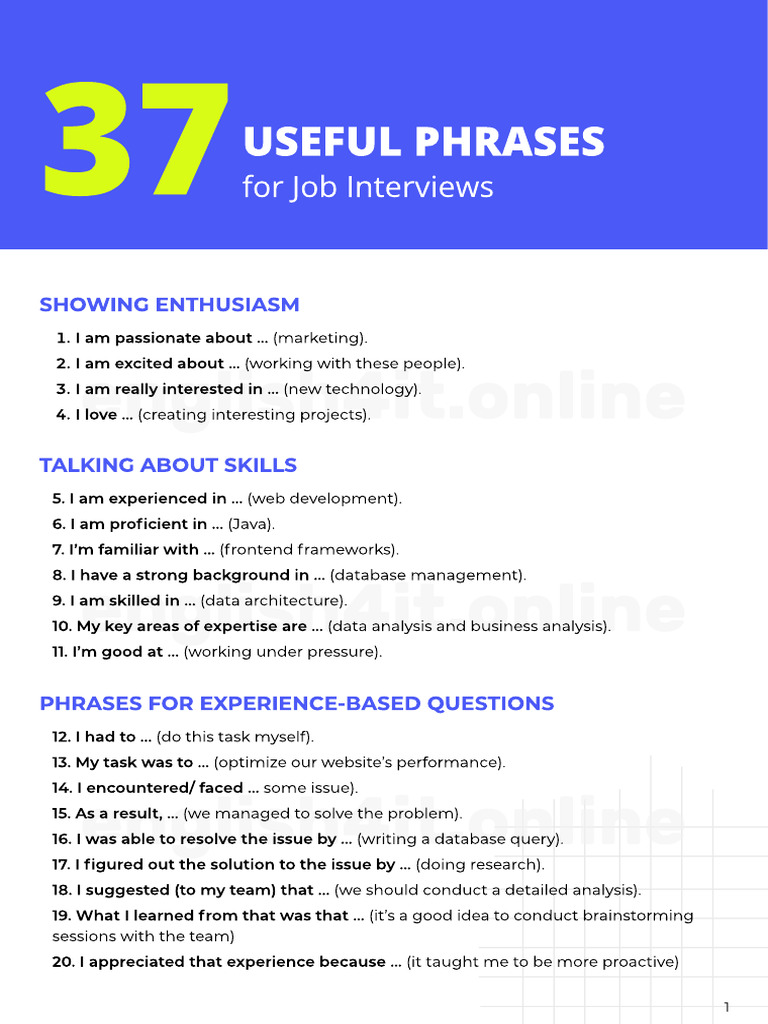 37 Useful Phrases For Job Interviews | PDF | Learning | Information ...