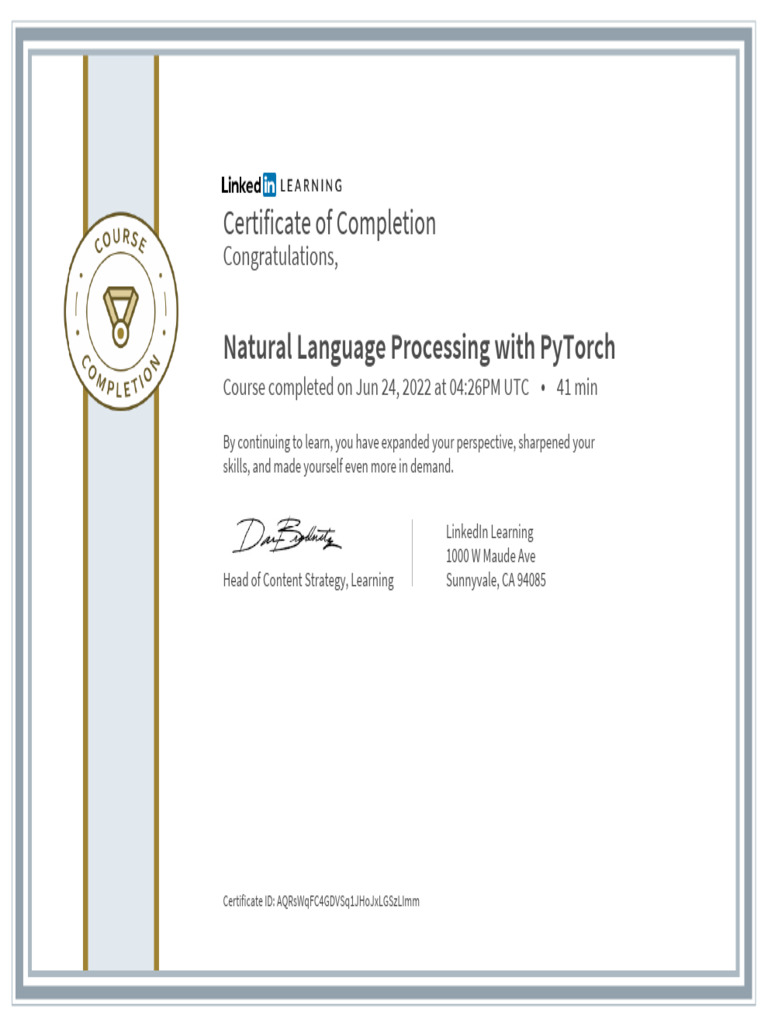 CertificateOfCompletion - Natural Language Processing With PyTorch | PDF | Career & Growth