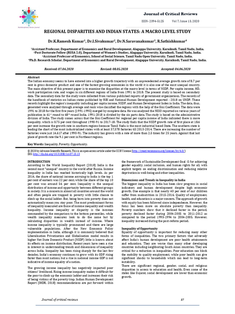 Regional Disparities and Indian States A Macro Level | PDF | Economic ...