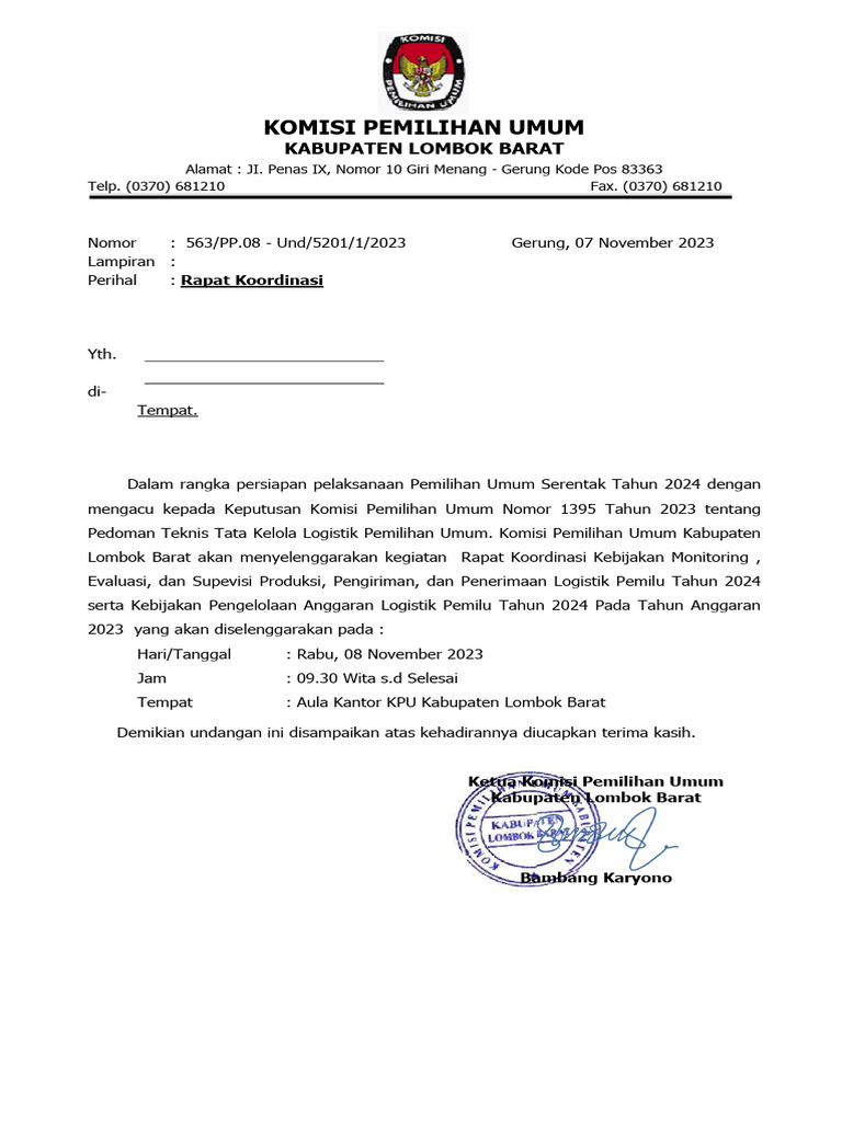 Surat Undangan Rakor Logistik | PDF