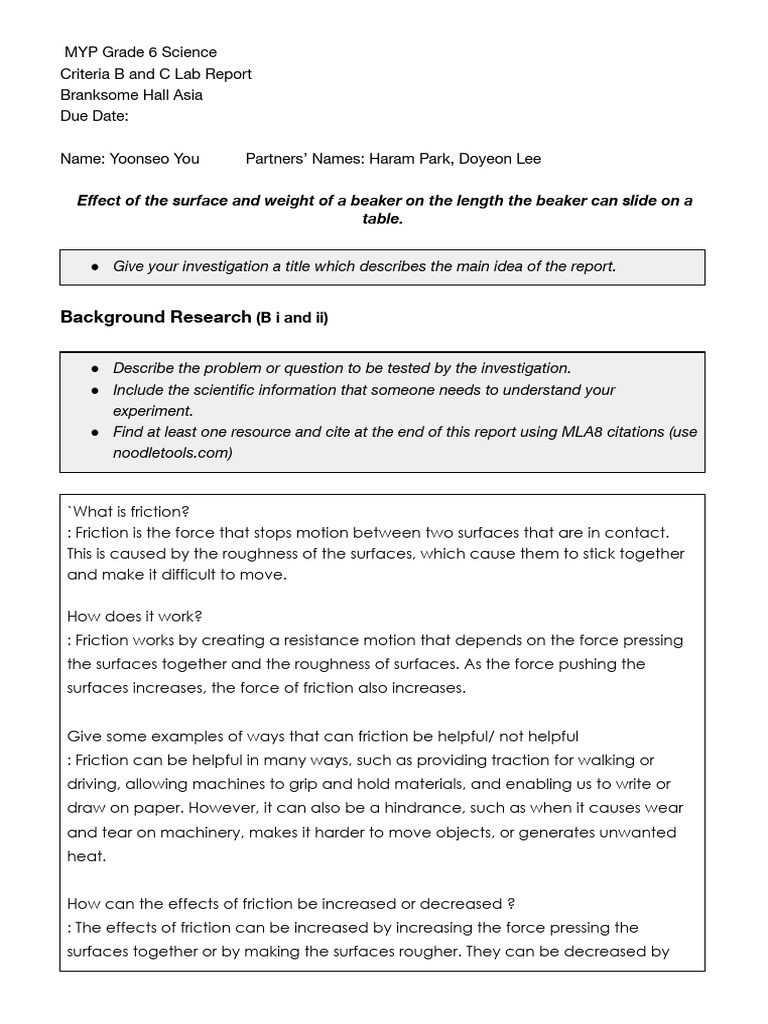 KD - KC 2022 - G6 Criteria B and C Lab Report Template | PDF | Friction ...