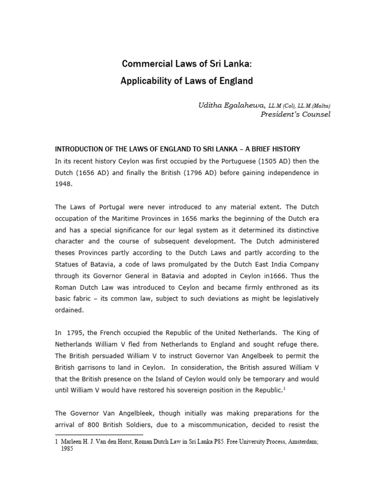 Commercial Laws of Sri Lanka Application of English Law | PDF | In Rem ...