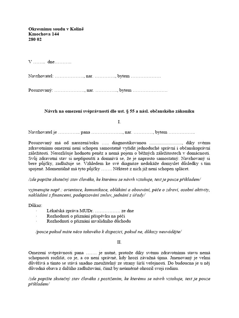 Návrh Na Omezení Svéprávnosti - Vzor | PDF