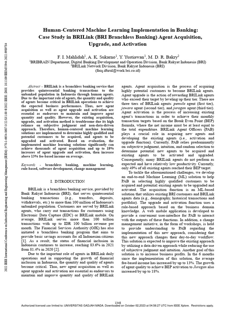 Human-Centered Machine Learning Implementation in Banking Case Study in BRILink BRI Branchless ...