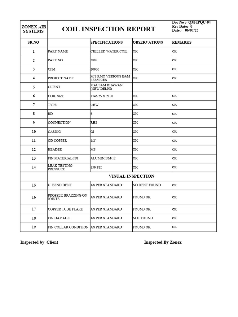 Coil Inspection Report | PDF | Manufactured Goods | Home Appliance