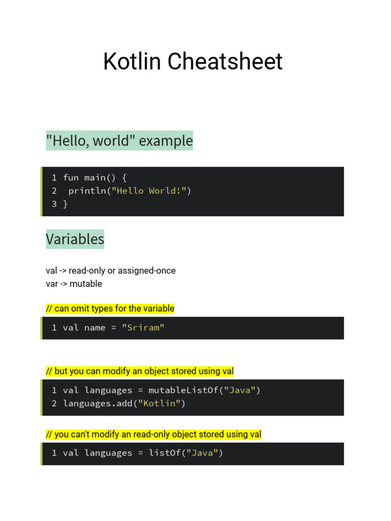 Kotlin Cheatsheet | Download Free PDF | Anonymous Function | Parameter (Computer Programming)