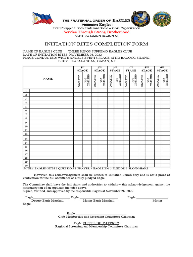 Eagles Club Initiation Rites Form | PDF