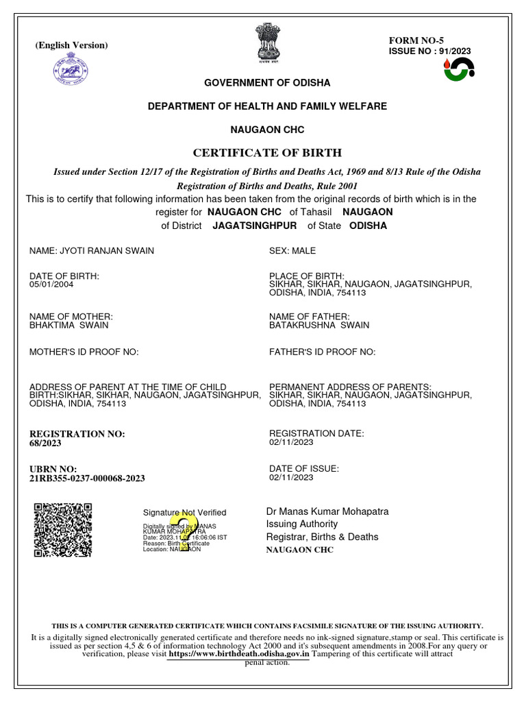 68_2023_Certificate | PDF | Birth Certificate | Government And Personhood