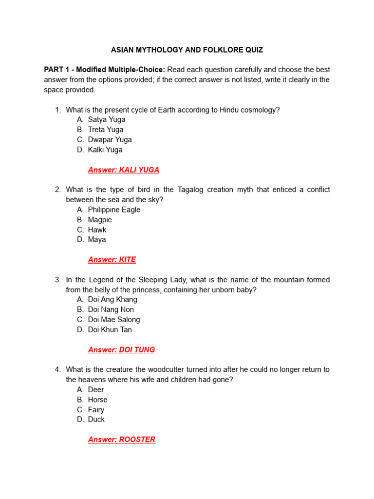 Answer Key - Asian Mythology and Folklore Quiz | PDF | Essays