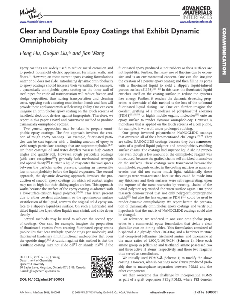 Dynamic Omniphobic Epoxy Coatings | PDF | X Ray Photoelectron ...