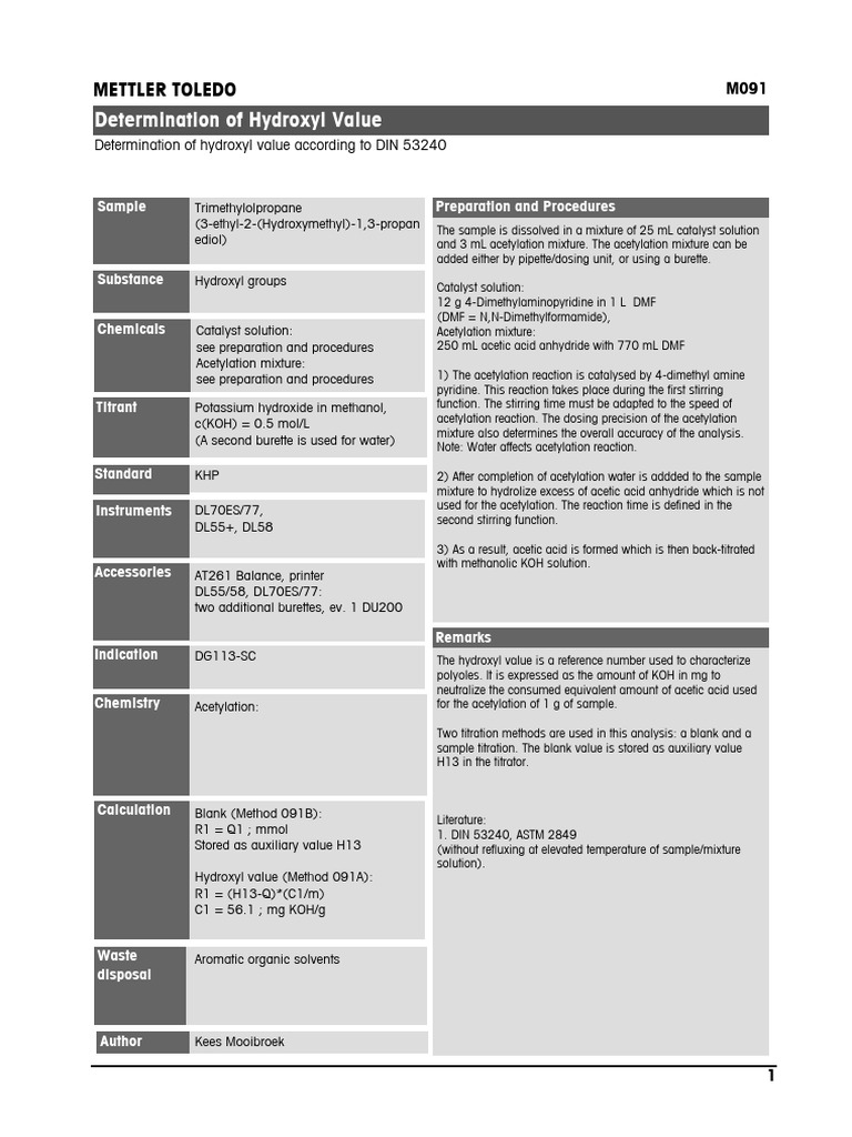 Determination of Hydroxyl Value: Mettler Toledo | PDF | Titration ...