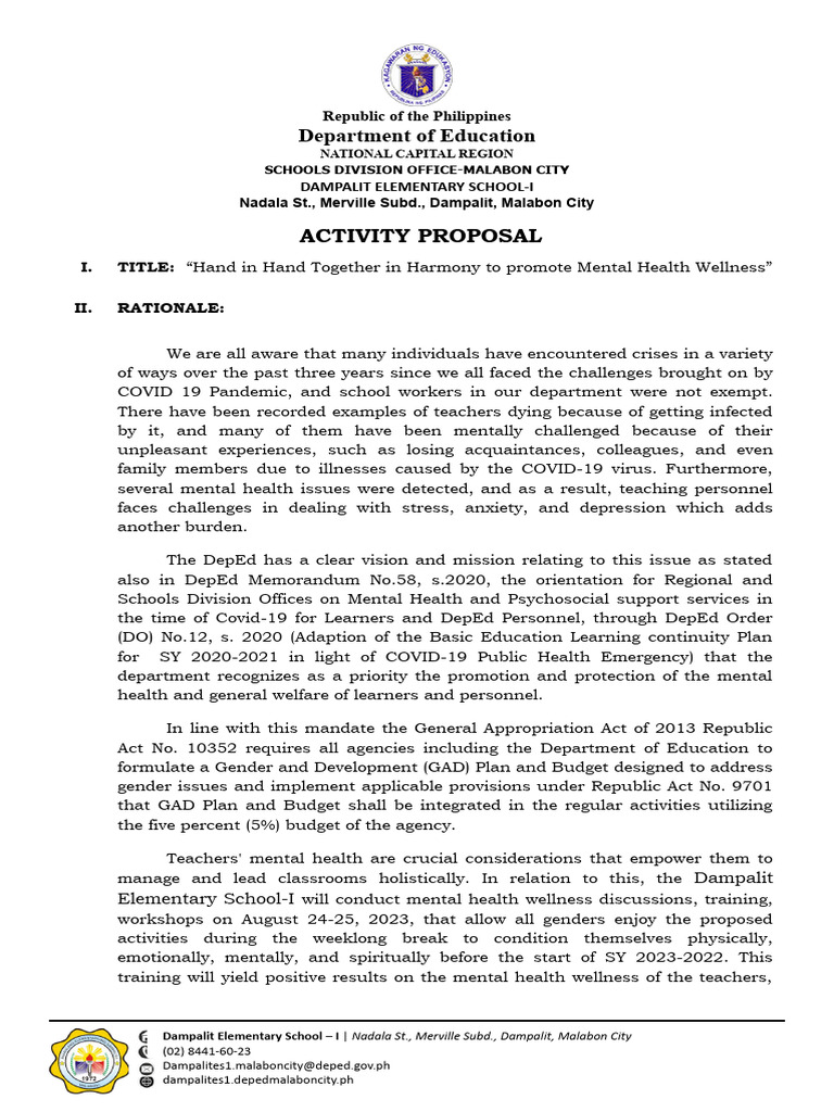 Mental Health Wellness Program Proposal | PDF | Mental Health | Teachers