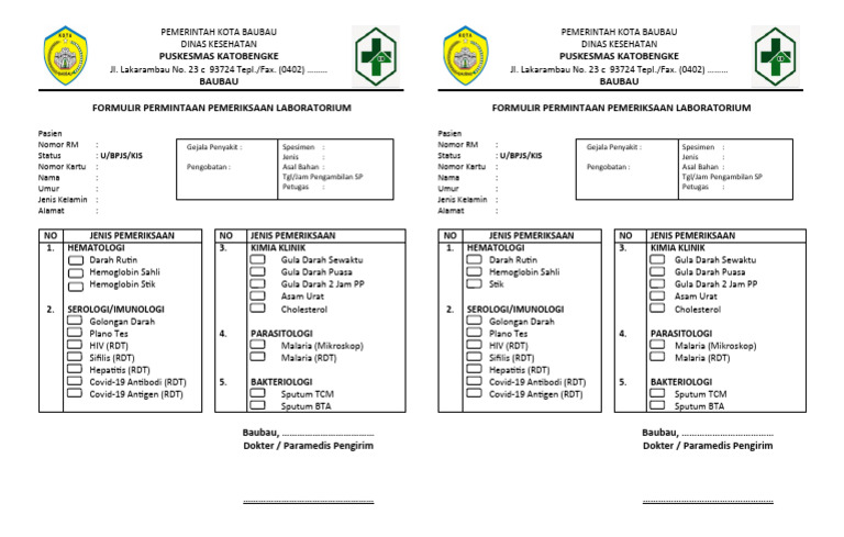 Formulir Permintaan Pemeriksaan Laboratorium | PDF