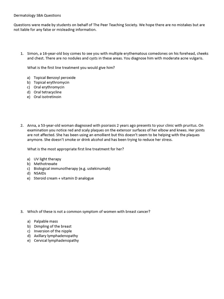 Dermatology SBA Questions and Answers | PDF | Peripheral Neuropathy ...