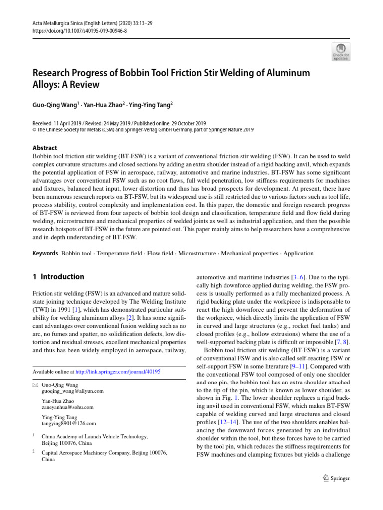 Research Progress of Bobbin Tool Friction Stir Welding of Aluminum ...