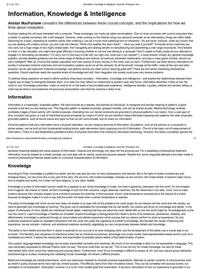 Information, Knowledge & Intelligence - Issue 98 - Philosophy Now | PDF ...