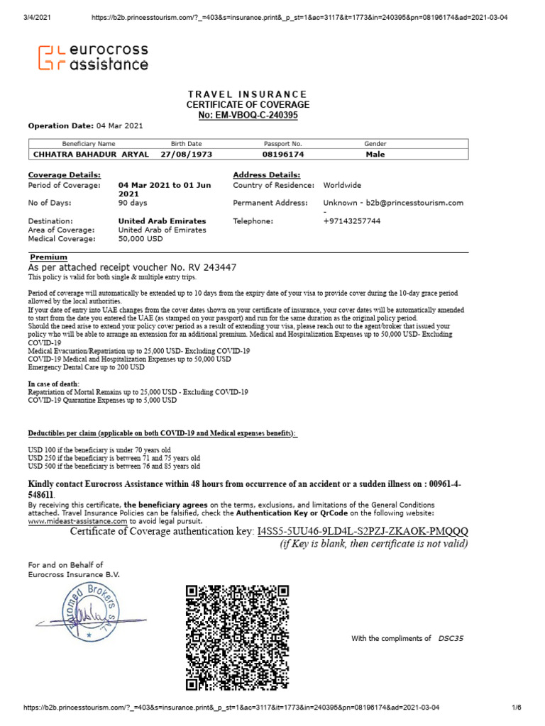 Travel Insurance Certificate of Coverage No: EM-VBOQ-C-240395 | PDF ...