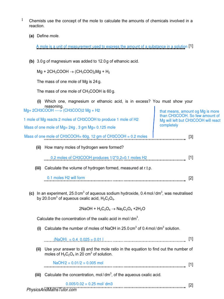 Moles Test | PDF | Sulfuric Acid | Mole (Unit)