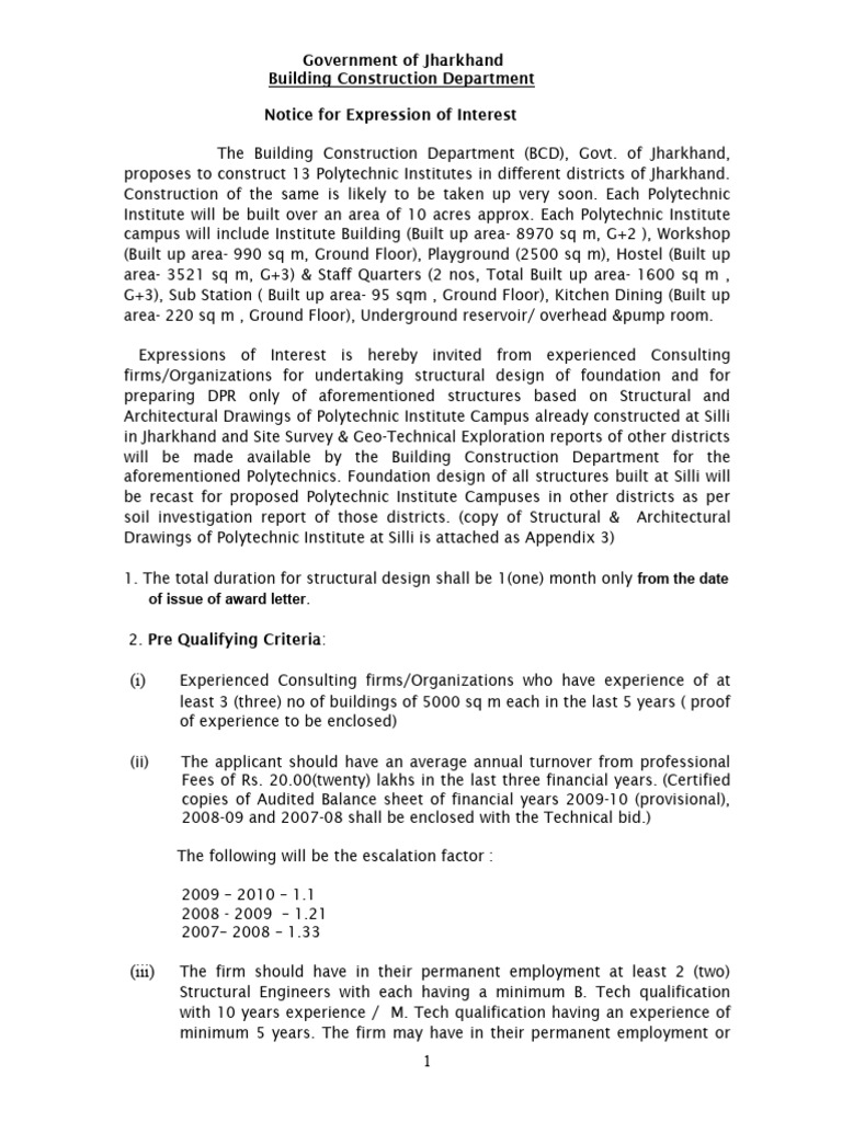 EOI For Foundation Design of Polytechnic Institutes in Jharkhand | PDF ...