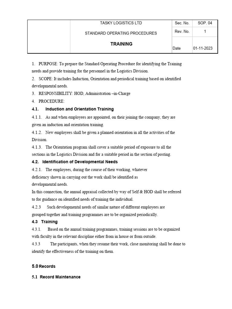 STANDARD OPERATING PROCEDURES - TRAINING Qwe | PDF | Business