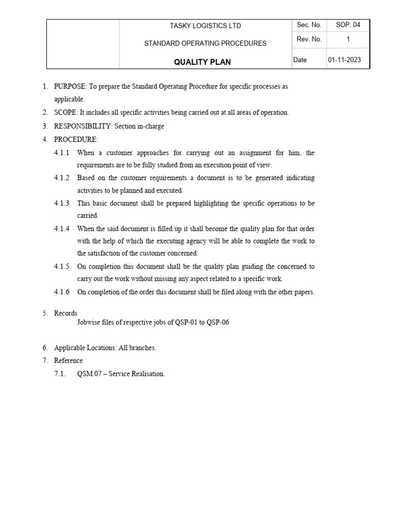 STANDARD OPERATING PROCEDURES - QUALITY PLAN | PDF