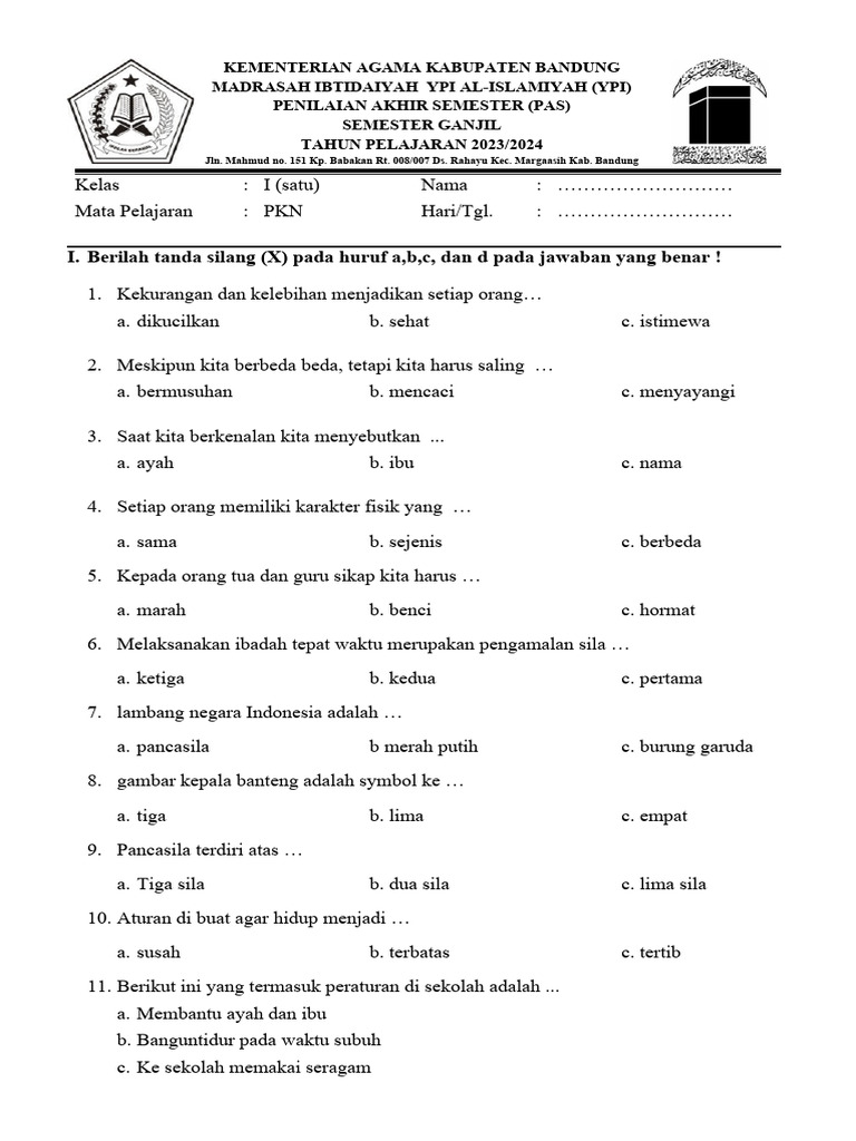 Soal UAS PKN Sem 1 Kelas 1 | PDF