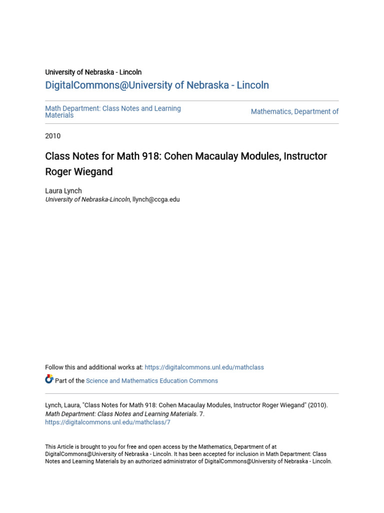 Class Notes For Math 918 Cohen Macaulay Modules Instructor Roge | PDF ...
