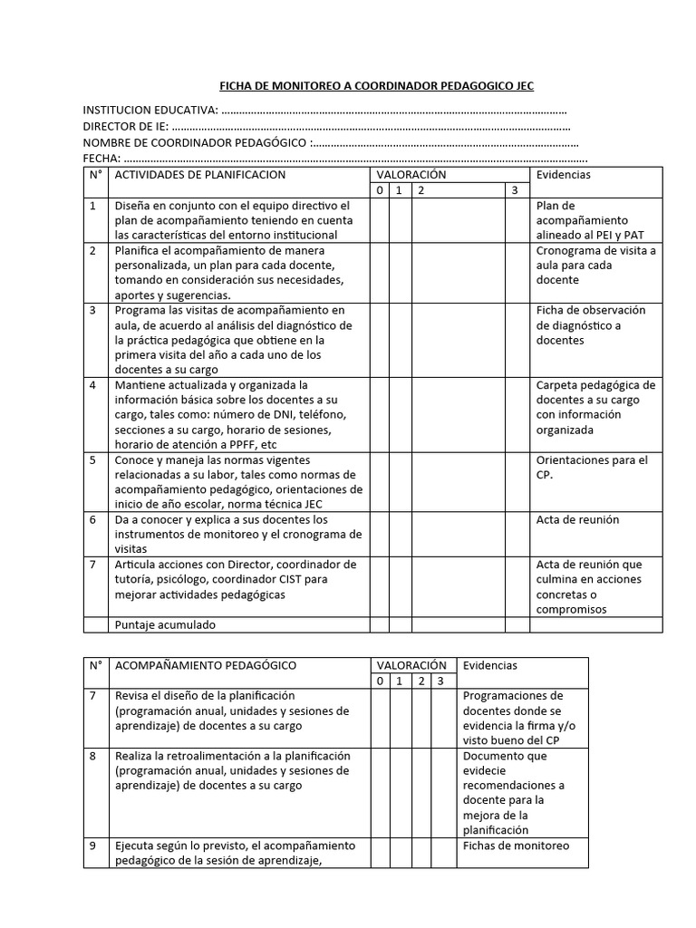 Ficha de Monitoreo A Coordinador Pedagogico Jec | PDF | Maestros | Aprendizaje