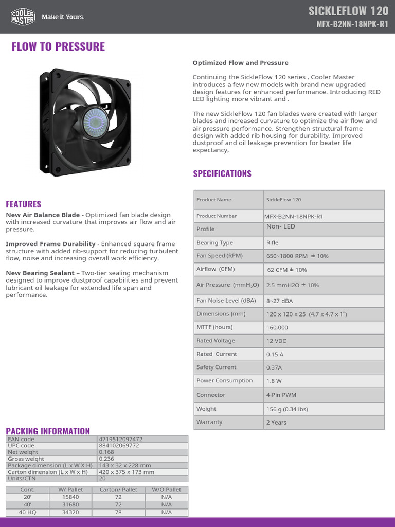 CoolerMaster SickleFlow120-Product Sheet | PDF | Mechanical Engineering | Manufactured Goods