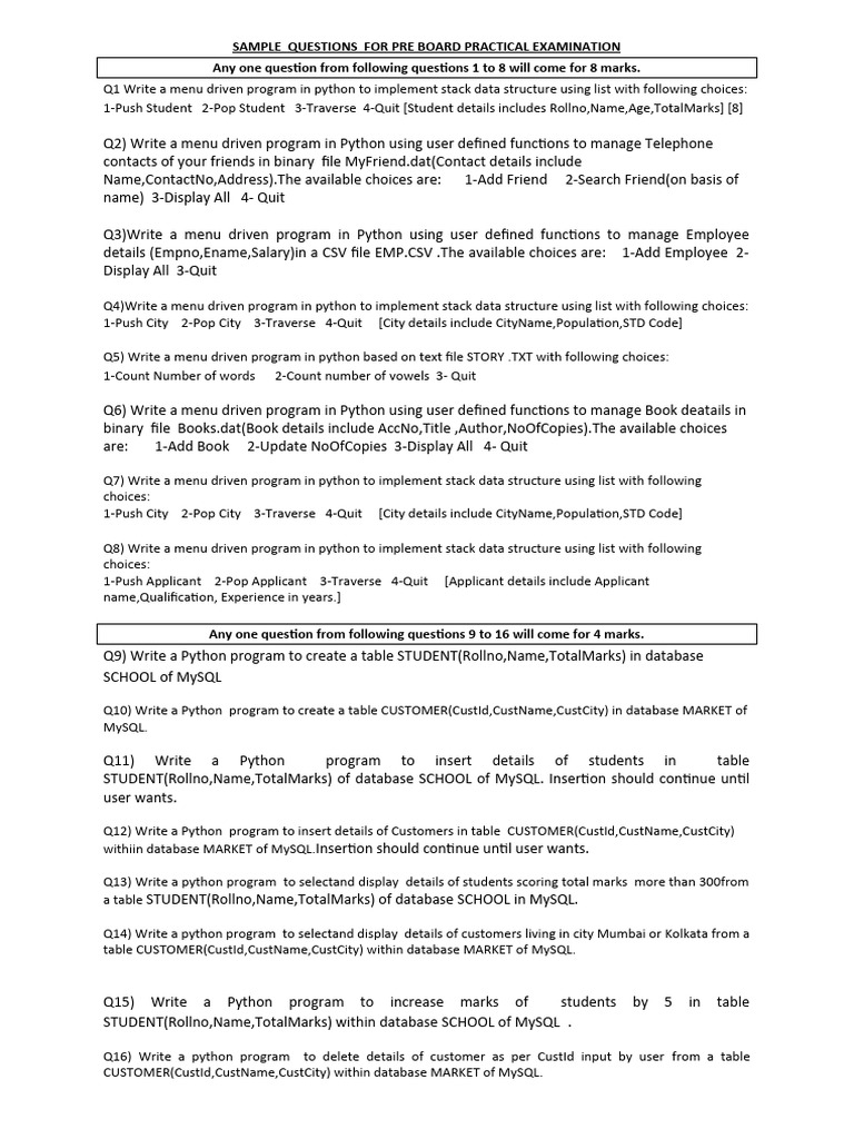 Sample Questions For Practical Exam | PDF | Databases | My Sql