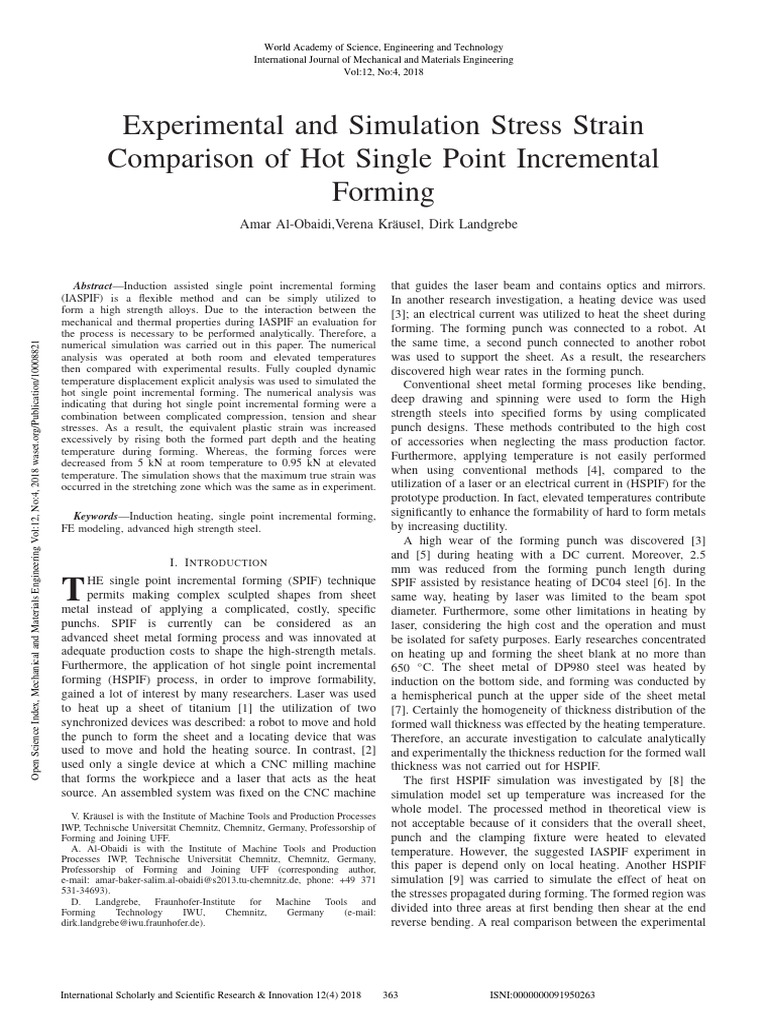 Experimental and Simulation Stress Strain Comparison of Hot Single Point Incremental Forming ...