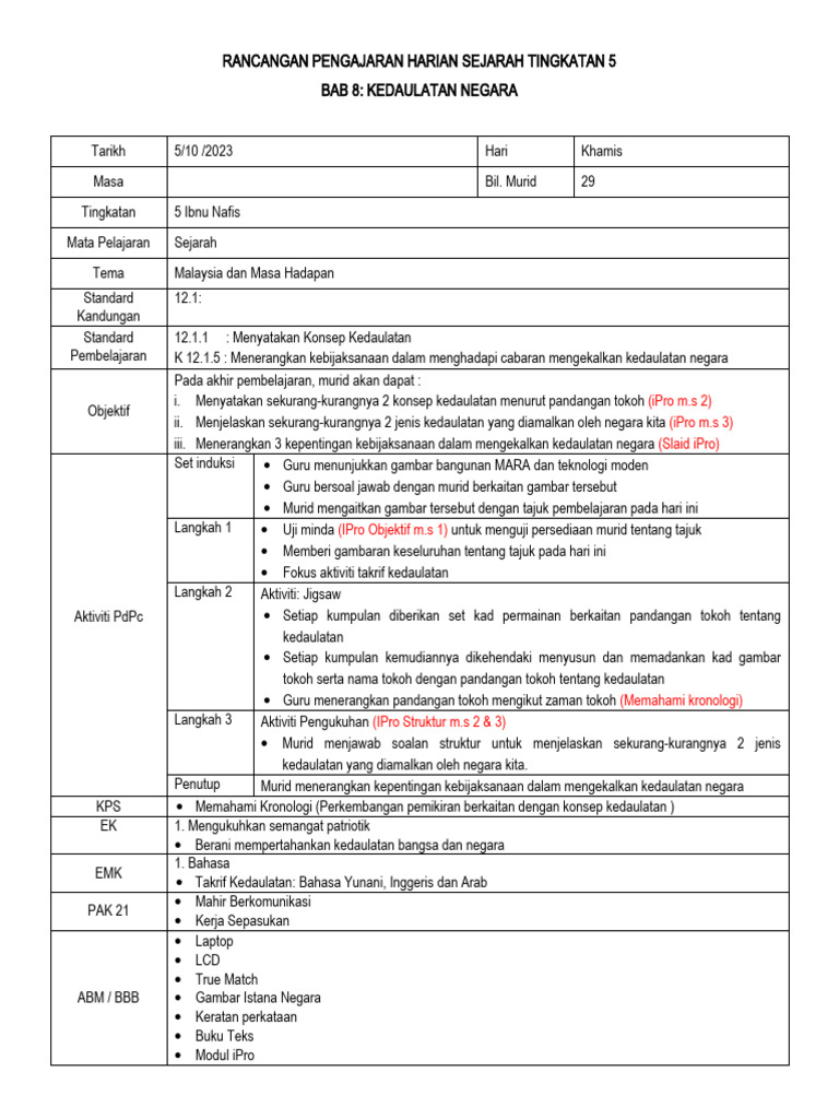Contoh RPH T5-Bab 1 | PDF