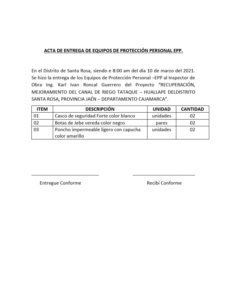 Acta de Entrega de Equipos de Protección Personal Epp | PDF