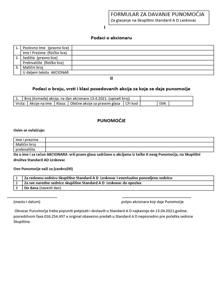 Formular Za Davanje Punomocja | PDF