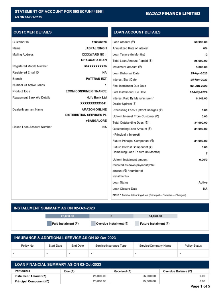 Statement of Account - 18!22!03 | PDF | Loans | Credit Card