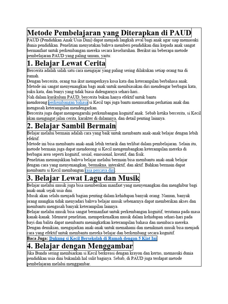 Metode Pembelajaran Yang Diterapkan Di PAUD | PDF